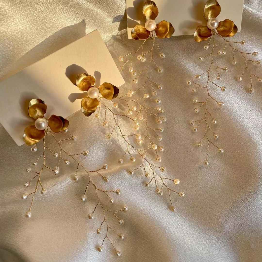 Bridal Floral Pearl Drop Earrings – Long Gold Flower Statement Design