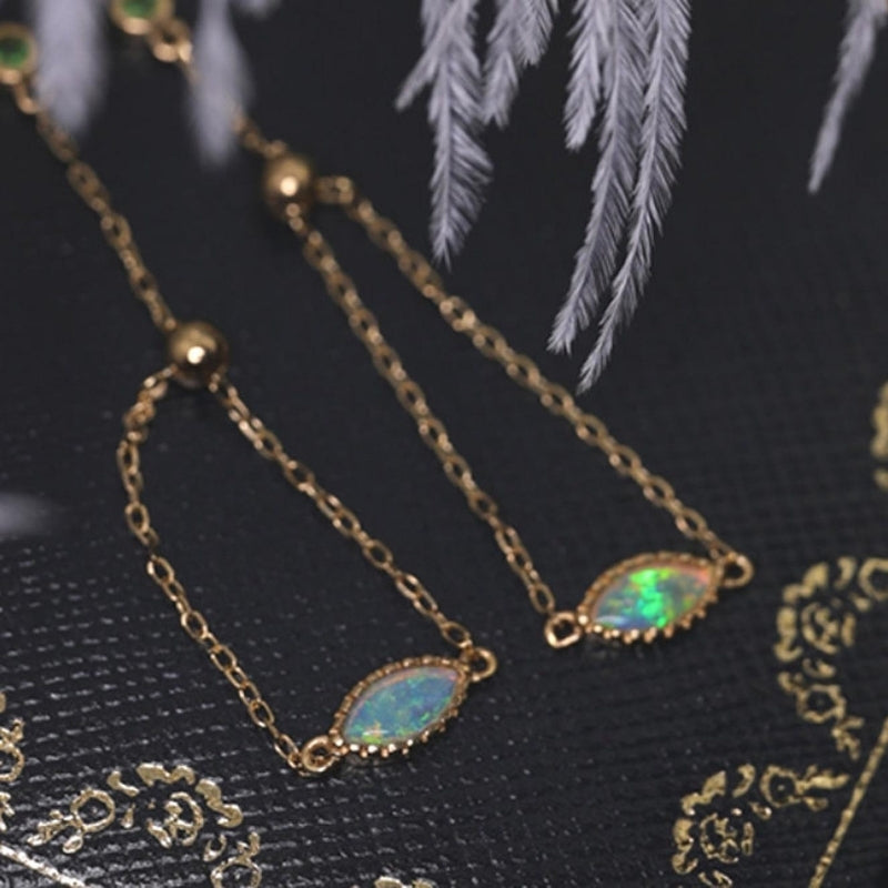 The Chubby Paw 18K Gold Australian Opal Ring, Adjustable Dainty Chain Ring with Tsavorite ...